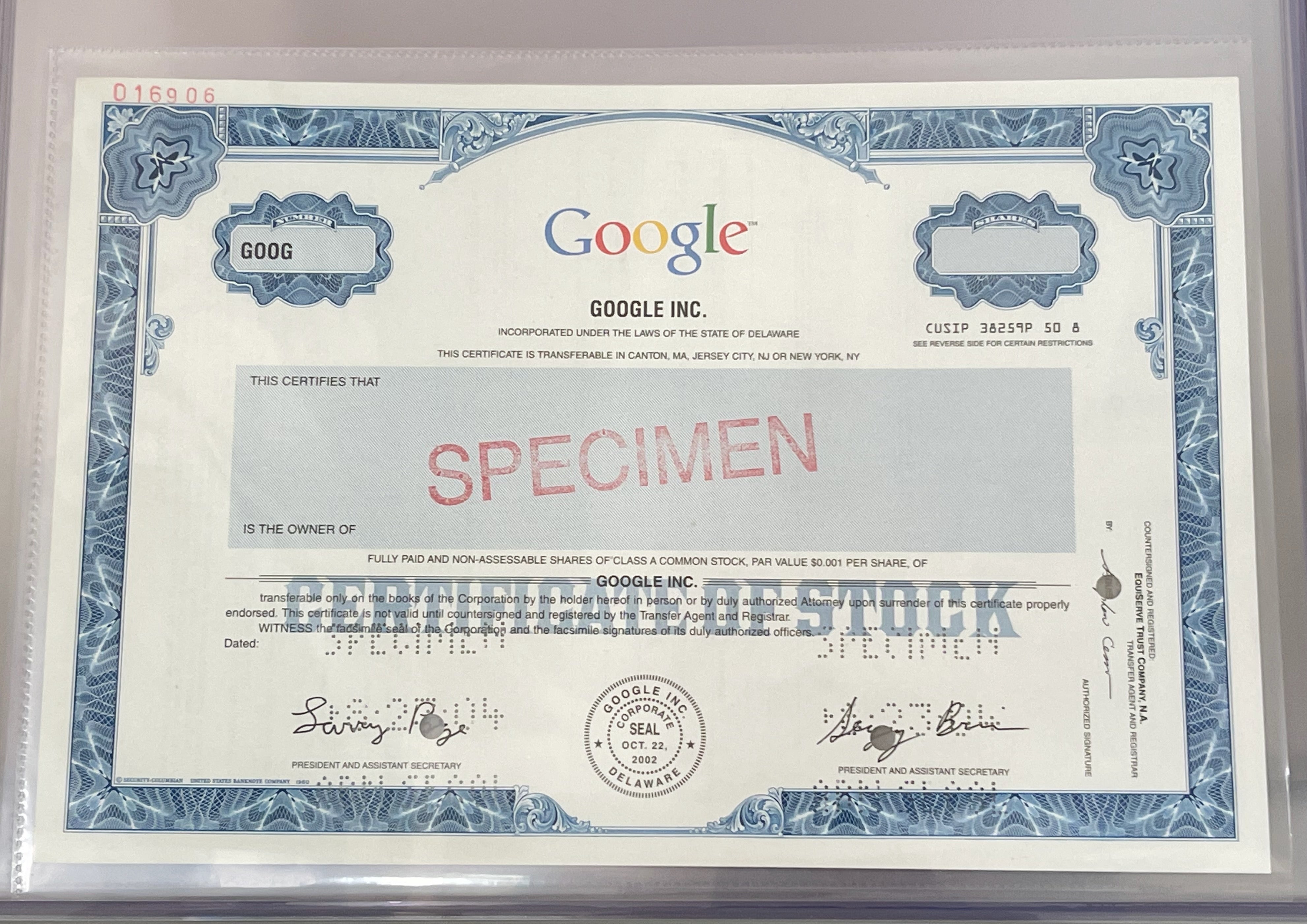 Google Stock Certificate PeoplePC, Inc. (IPO Stock Certificate)